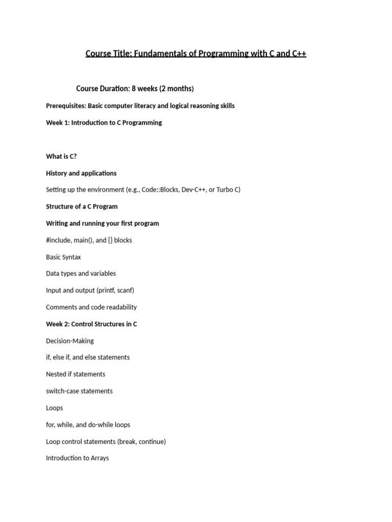 C C++ Basic Course For 2 Month | PDF | C++ | Pointer (Computer Programming)