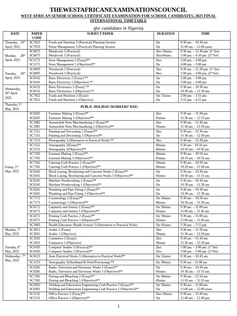 FINAL TT FOR WASSCE (SC) 2025 (Nigeria) | PDF