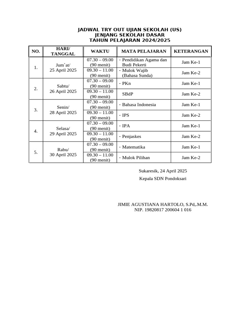 Jadwal Try Out Ujian Sekolah Tahun 2025 | PDF