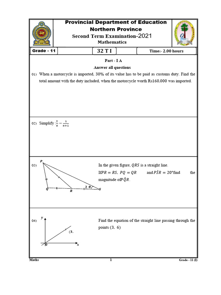 Grade 11 Maths 2nd Term Exam Paper | PDF | Mathematics | Mathematical ...