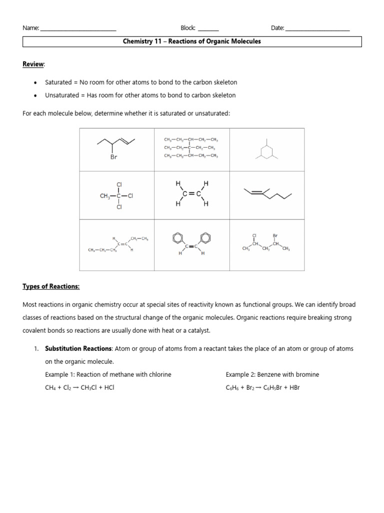 Organic Molecule Reaction Types Guide | PDF