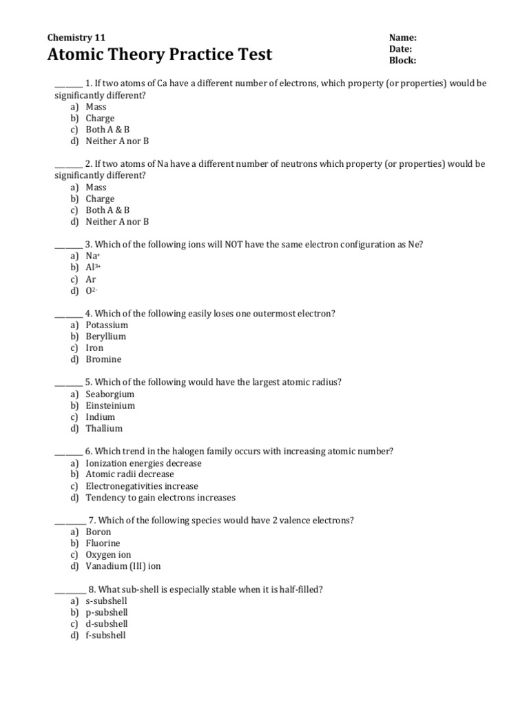 Atomic Theory Practice Test | PDF | Atoms | Chemical Elements
