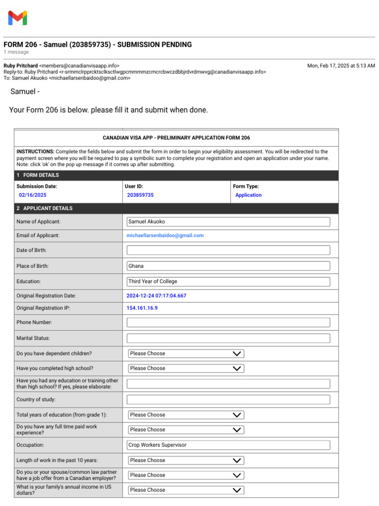 Gmail - Form 206 - Samuel (203859735) - Submission Pending | PDF