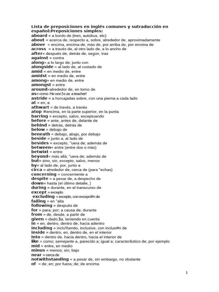 Lista de Preposiciones en Inglés Comunes y Sutraducción en Español | PDF | Unidades Semánticas
