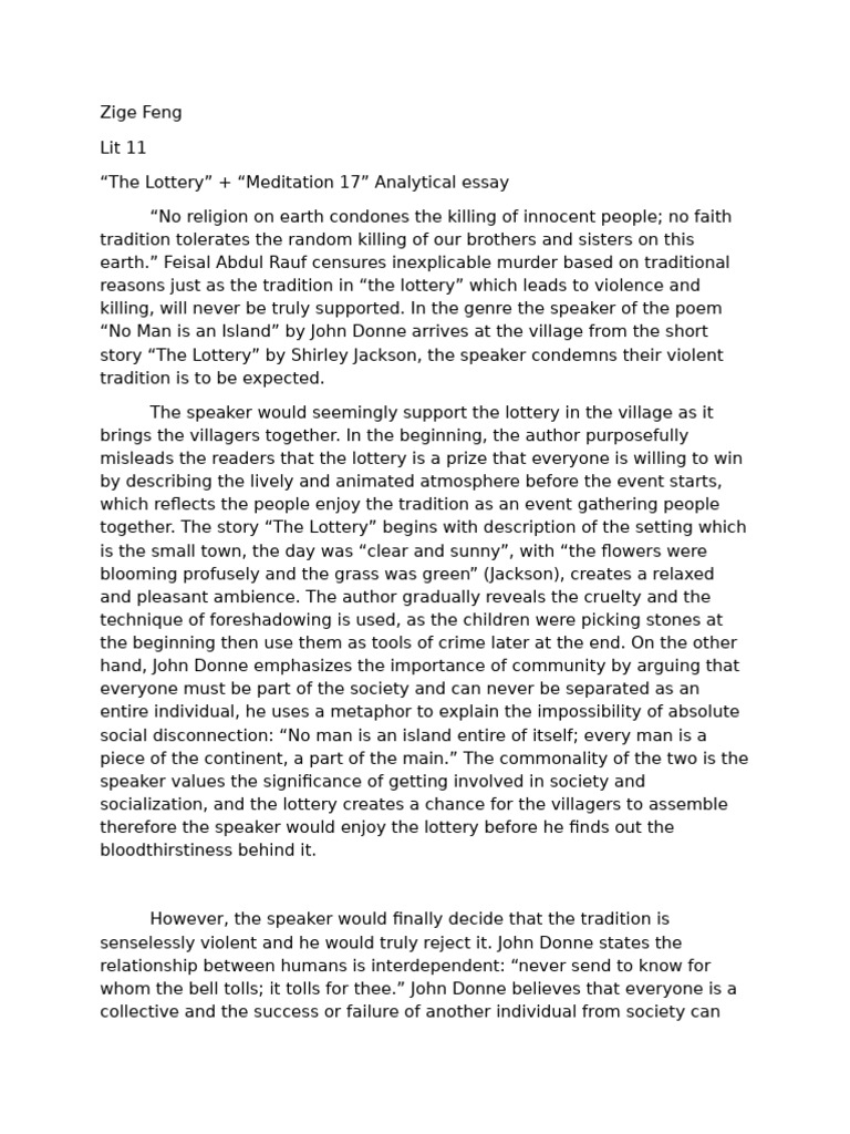 "The Lottery" + "Meditation 17" Analytical Essay | PDF