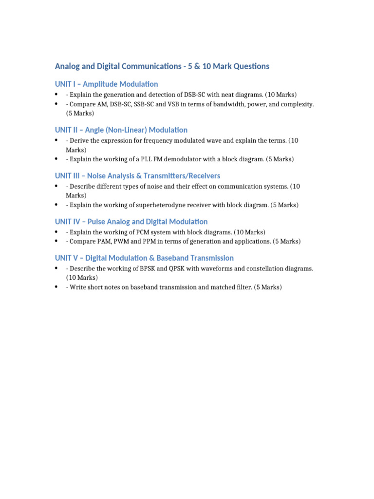 Analog and Digital Communications 5 10 Marks | PDF