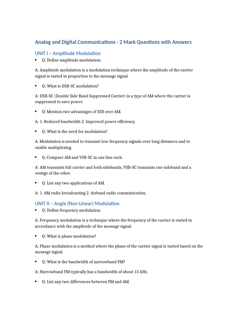Analog and Digital Communications 2 Marks | PDF | Frequency Modulation | Modulation