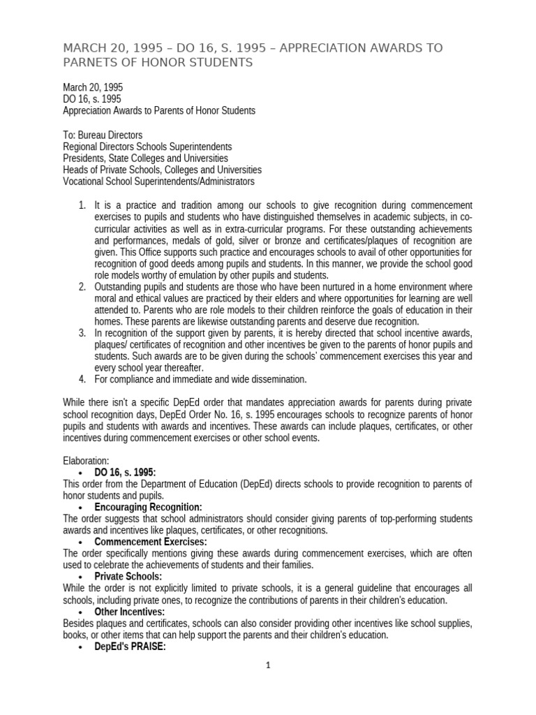 Awards for Parents of Honor Students | PDF | Incentive | Schools