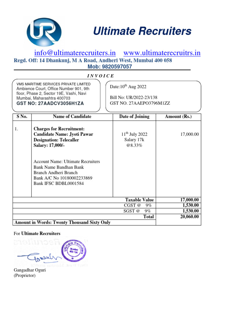 138 - Vms Shipping Invoice for Jyoti Pawar | PDF