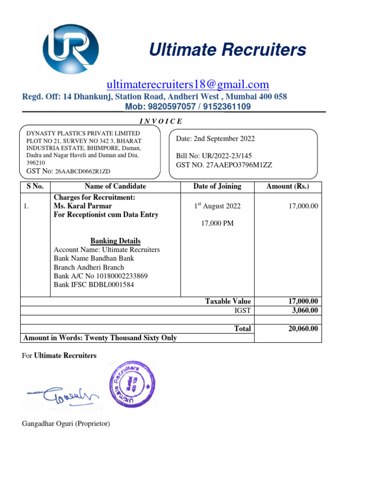 145 Dynasty Plastics Invoice for Kajal Parmar | PDF