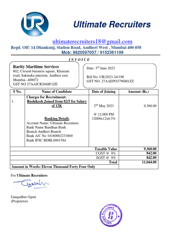 198 Rarity Maritime Invoice for Mr Rushikesh | PDF