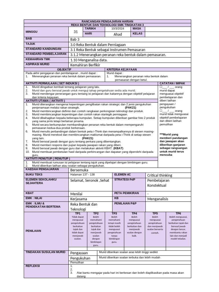 RPH Minggu 31 SMK RBT Tingkatan 3 2024-2025 by Cikgu Gorgeous | PDF