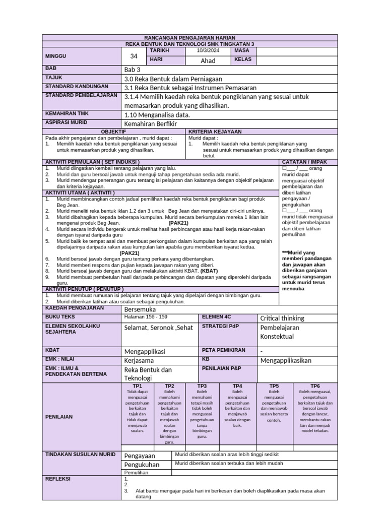 RPH Minggu 34 SMK RBT Tingkatan 3 2024-2025 by Cikgu Gorgeous | PDF