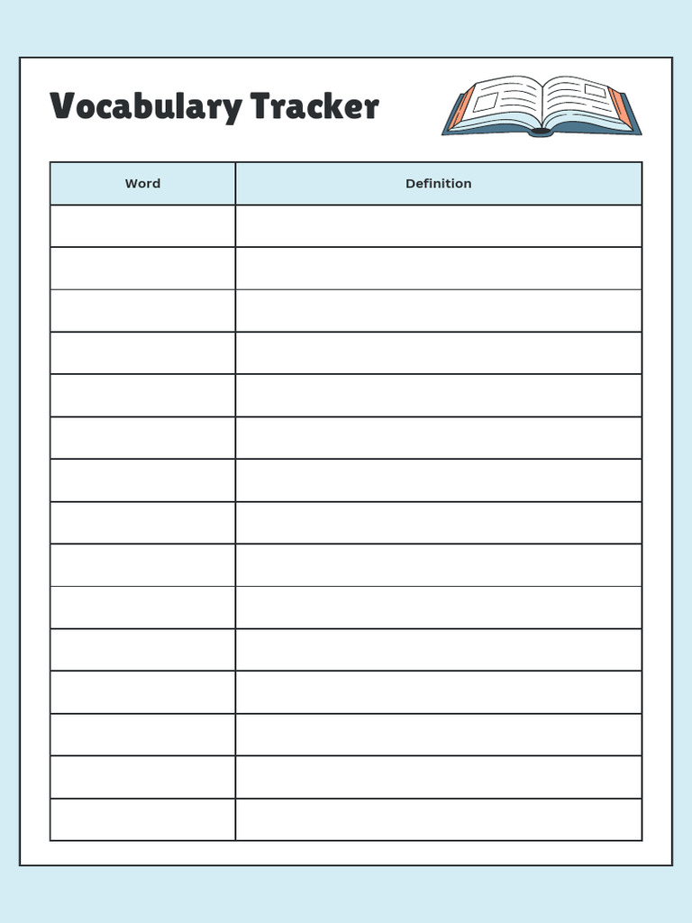 Vocabulary Tracker Worksheet in Blue and White Simple Style | PDF