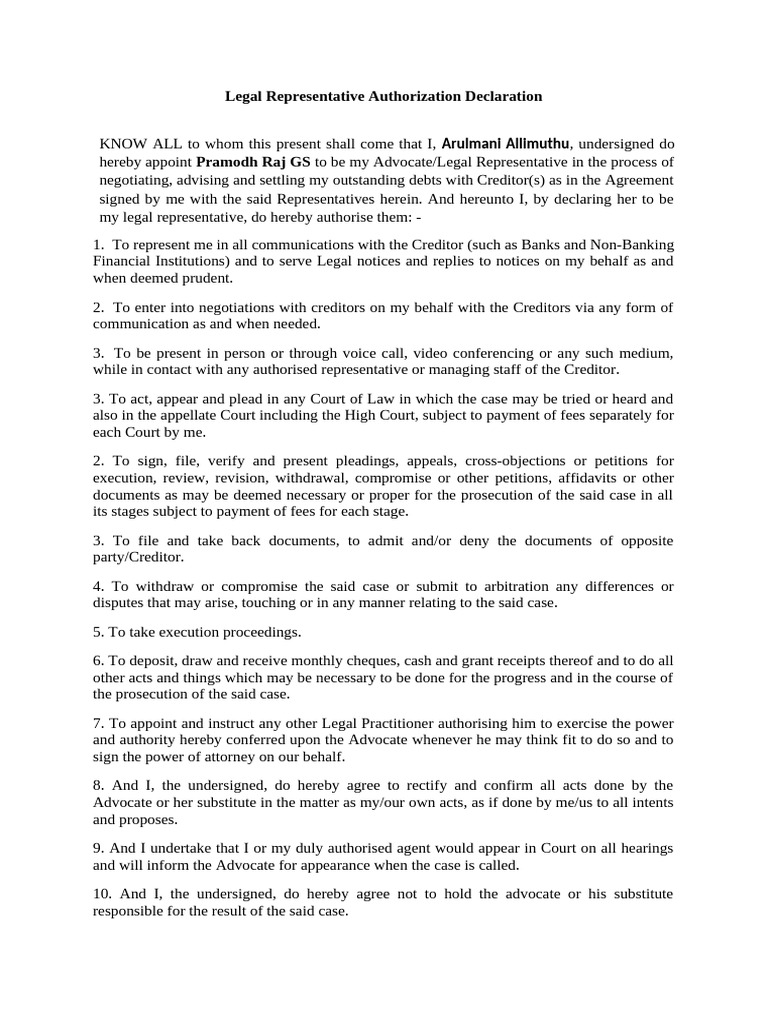 Legal Representative Authorization arul (1) | PDF | Advocate | Common Law