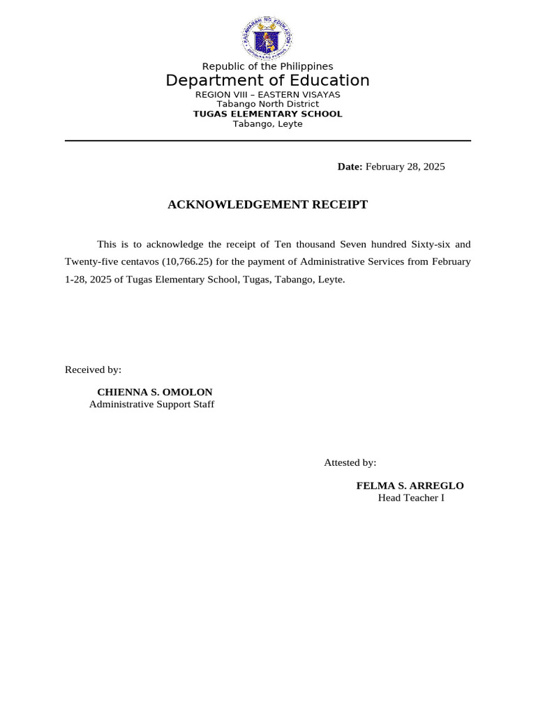 Acknowledgment Receipt for Tugas Elementary | PDF