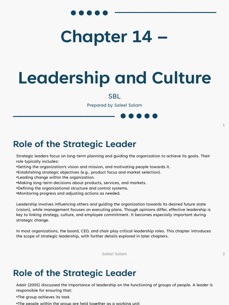 Chapter 14 - Leadership and Culture | PDF | Entrepreneurship | Leadership