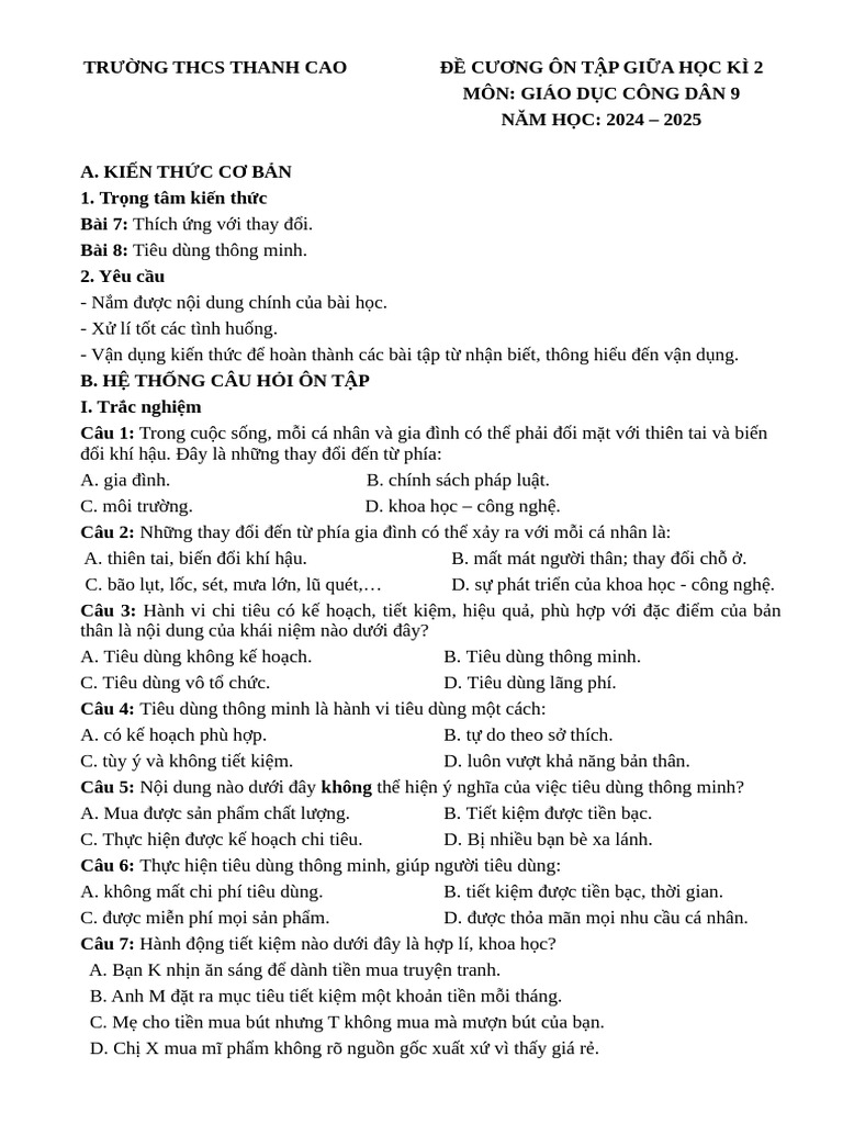 GDCD 9. ĐỀ CƯƠNG GK2. 24-25 | PDF