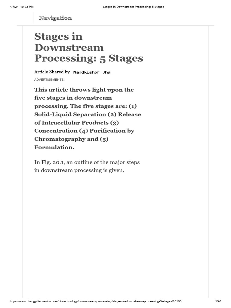 Stages in Downstream Processing - 5 Stages - 1 | PDF | Chromatography | Filtration
