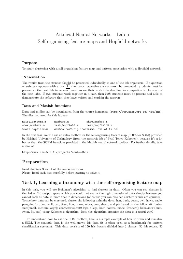 Artificial Neural Networks - Lab 5 Self-Organising Feature Maps and Hopfield Networks | PDF ...