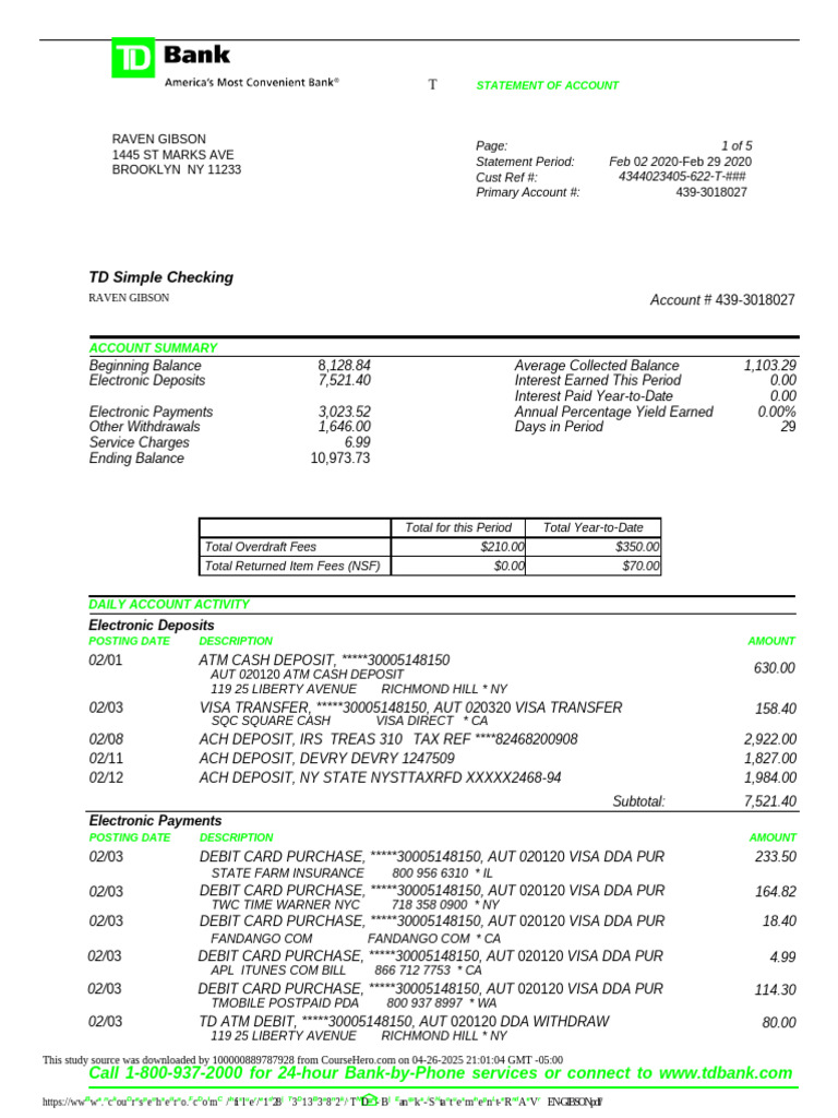 TD Bank Statement RAVEN GIBSON PDF | PDF | Debit Card | Overdraft