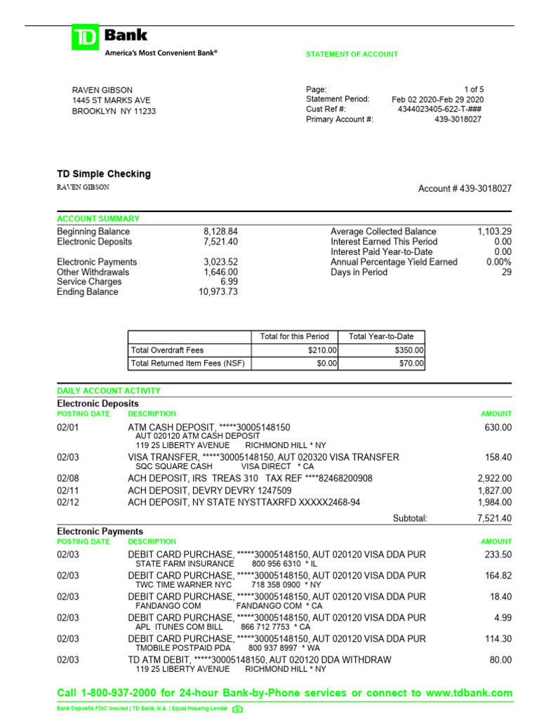 TD Bank Statement RAVEN GIBSON PDF | PDF | Debit Card | Overdraft