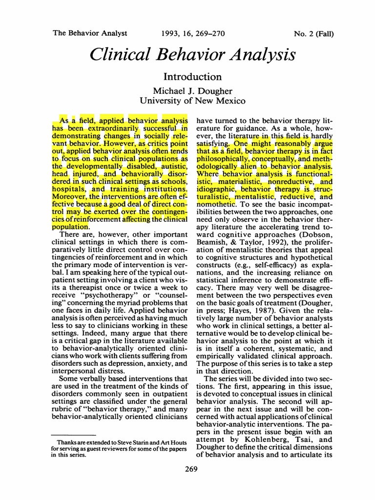 Dougher (1993) - Clinical Behavior Analysis | PDF | Psychotherapy ...