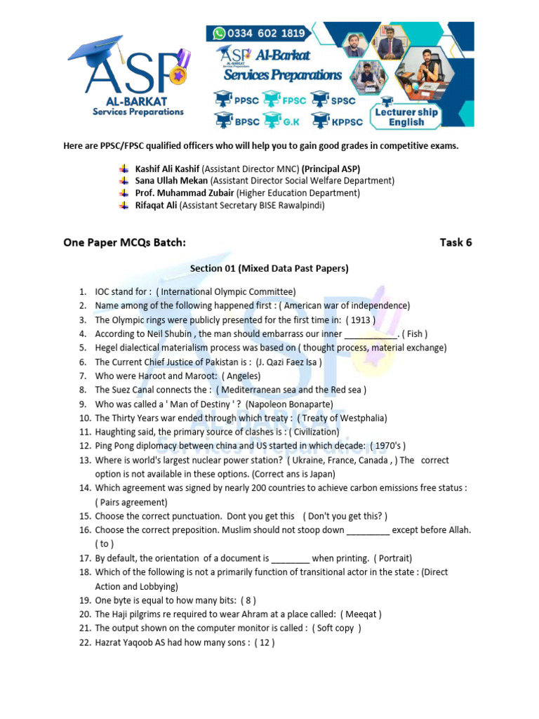 Task 6 (ASP) One Paper MCQs | PDF | Pakistan