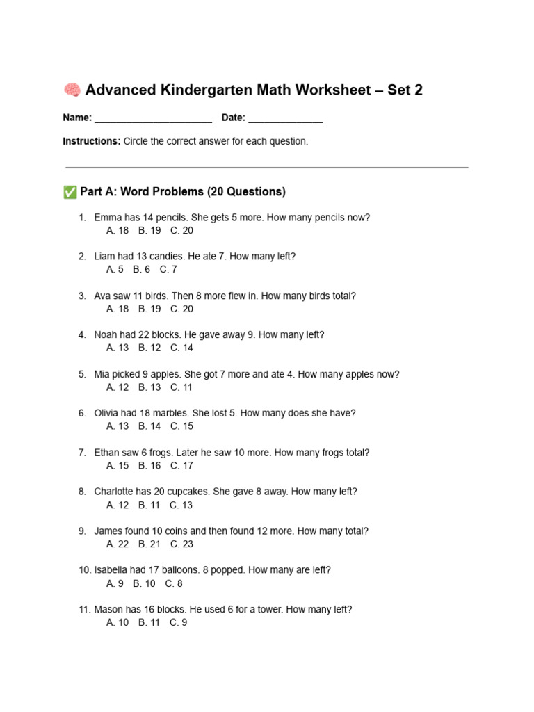 Kindergarten Math Worksheet | PDF