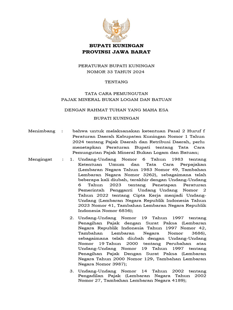 33 Tahun 2024 ( Tata Cara Pemungutan Pajak Mineral Bukan Logam Dan Batuan | PDF