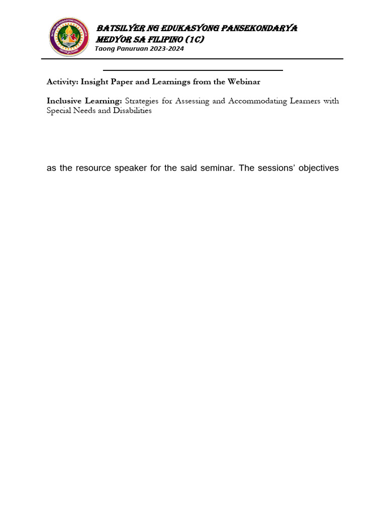 Final Assessment Insight Paper | PDF | Inclusion (Education) | Teachers