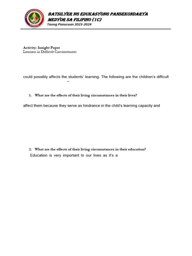 Insight Paper On Learners in Different Circumstances | PDF | Inclusion ...
