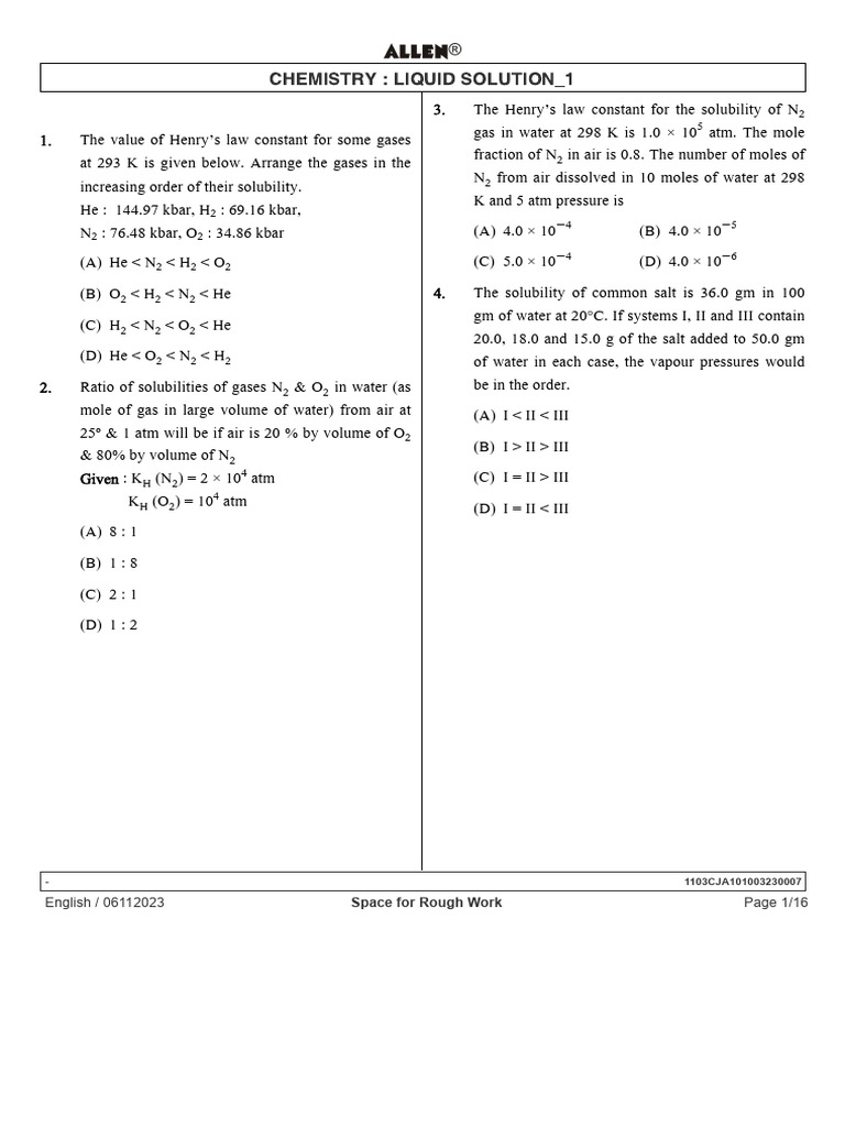 Chemistry - (Liquid Solution-1) - Paper | PDF | Transparent Materials | Scientific Phenomena