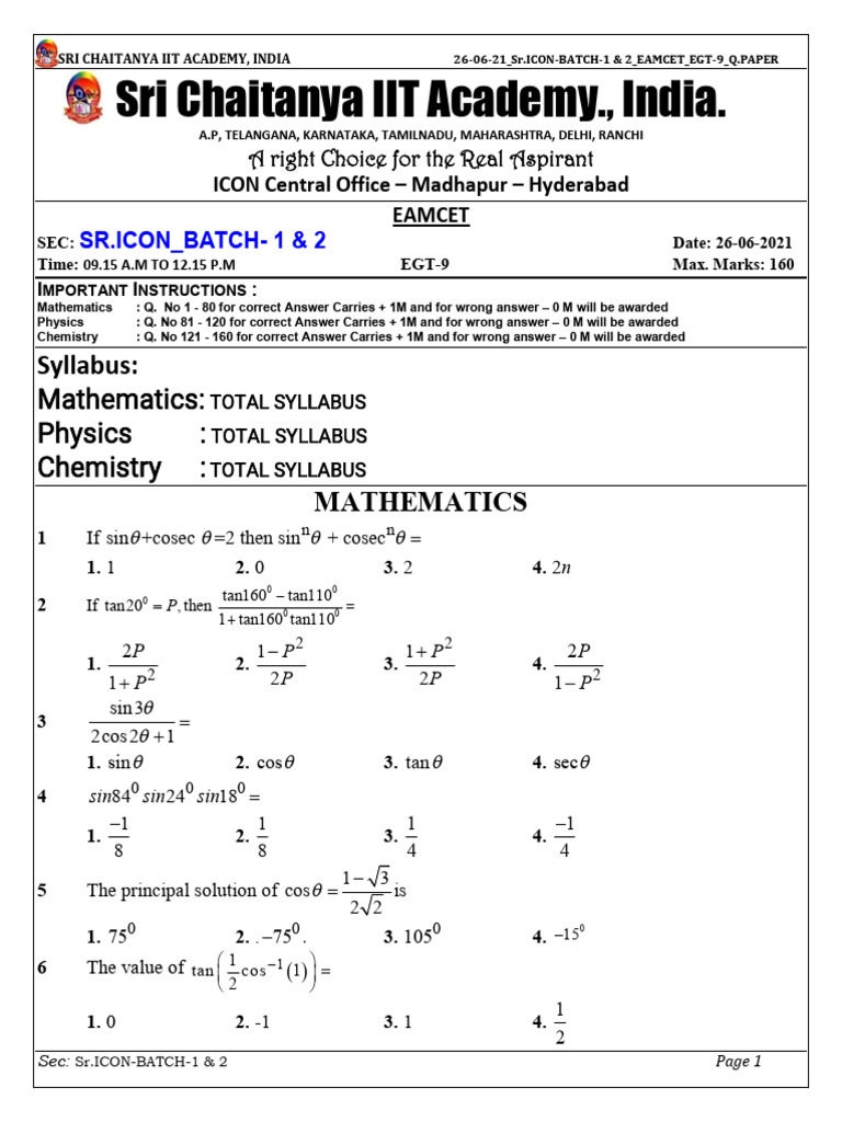 EAMCET Mock Test Paper for Sr. ICON Batch | PDF | Electronvolt ...