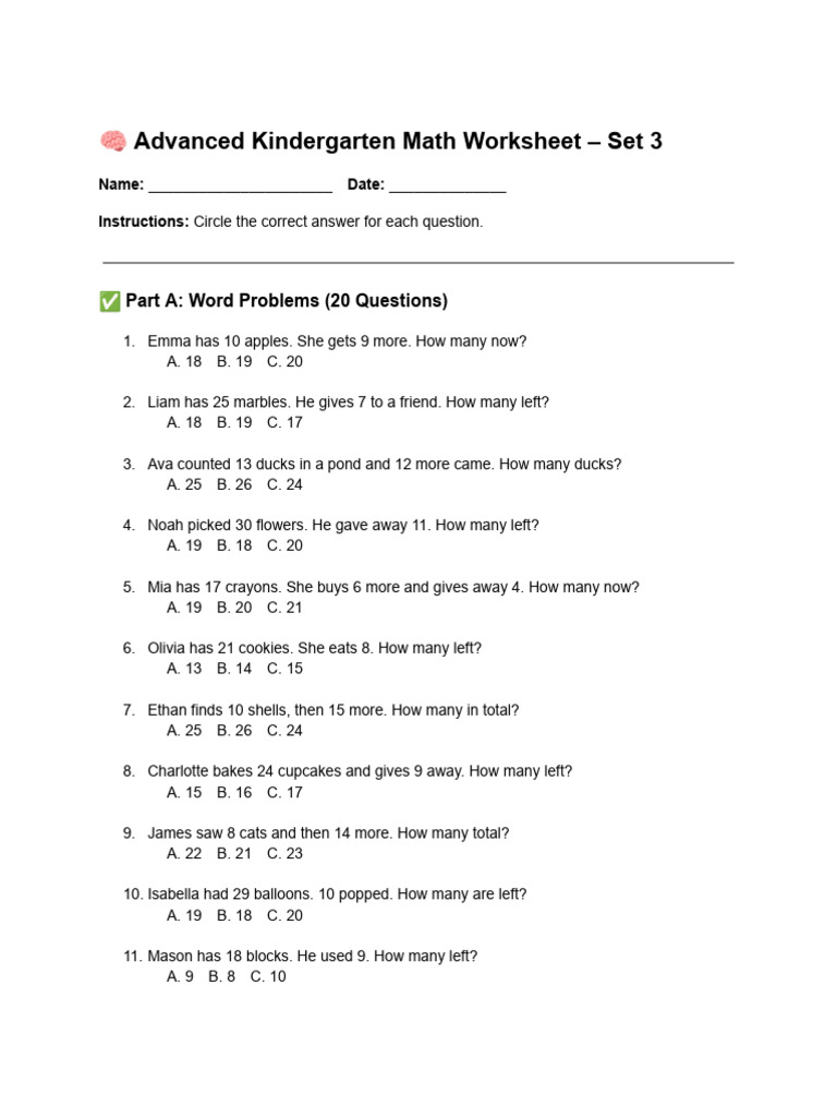 Advanced Kindergarten Math Worksheet | PDF