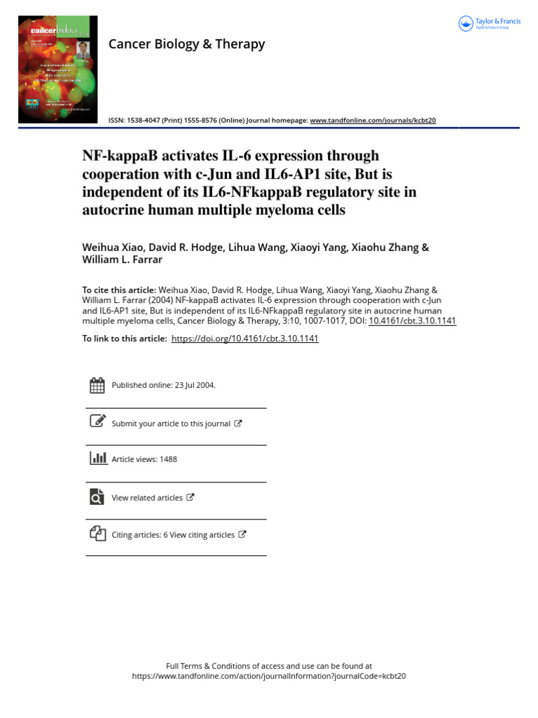 NF-kappaB Activates IL-6 Expression Through Cooperation With C-Jun and ...