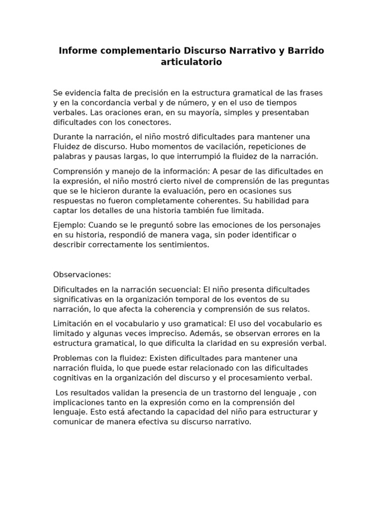 Informe Complementario Discurso Narrativo y Barrido Articulatorio | PDF