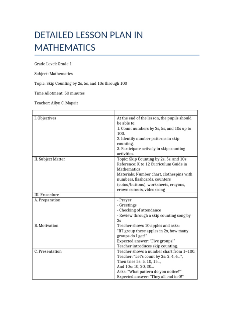 Detailed Lesson Plan Math Skip Counting | PDF | Human Communication | Behavior Modification