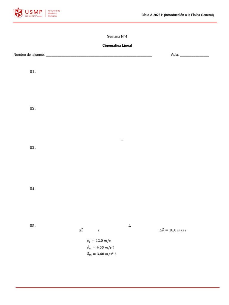 Ficha de Problemas - Semana 04 IFG USMP 2025-1 CORREGIDO CR 2222 | PDF | Velocidad | Cinemática