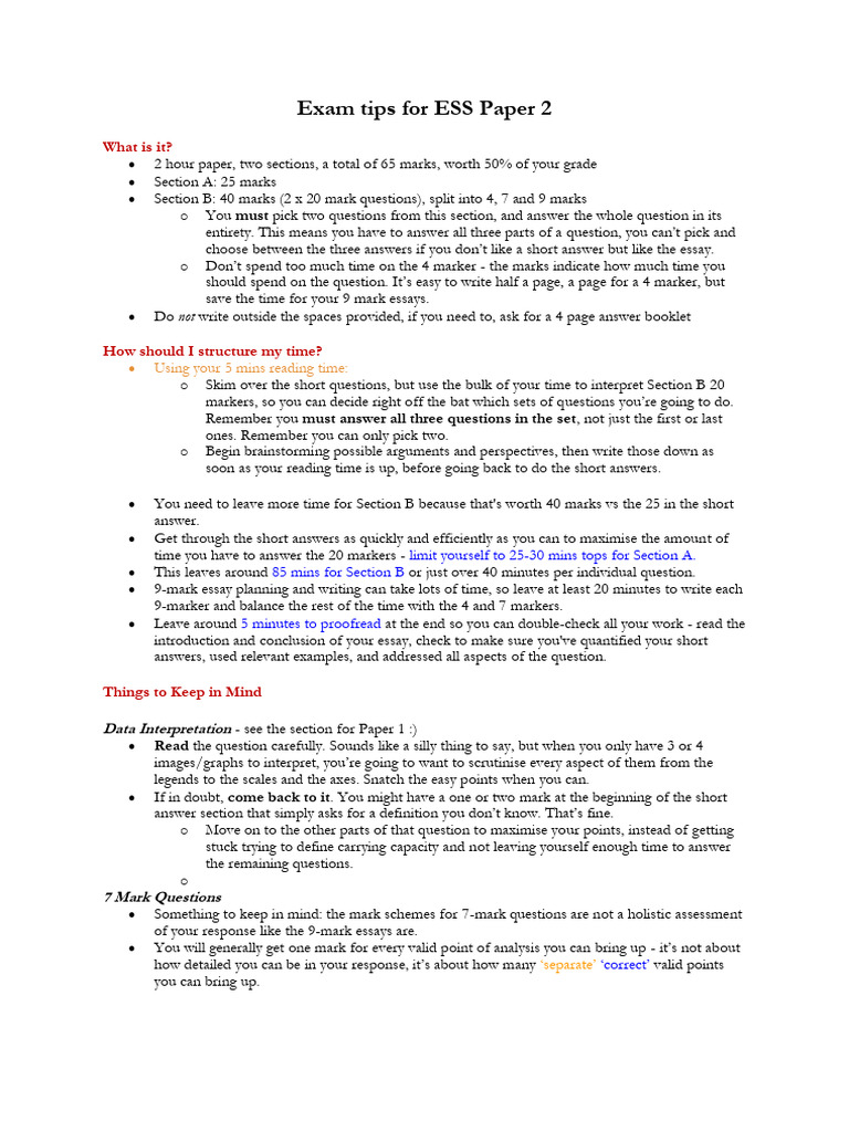 Exam Tips For ESS Paper 2 | PDF | Argument | Essays