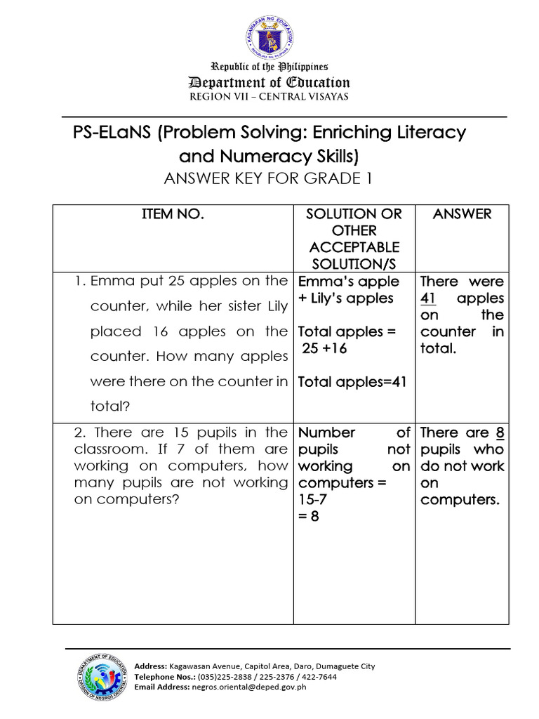 Grade 1 Math Answer Key Guide | PDF | Learning