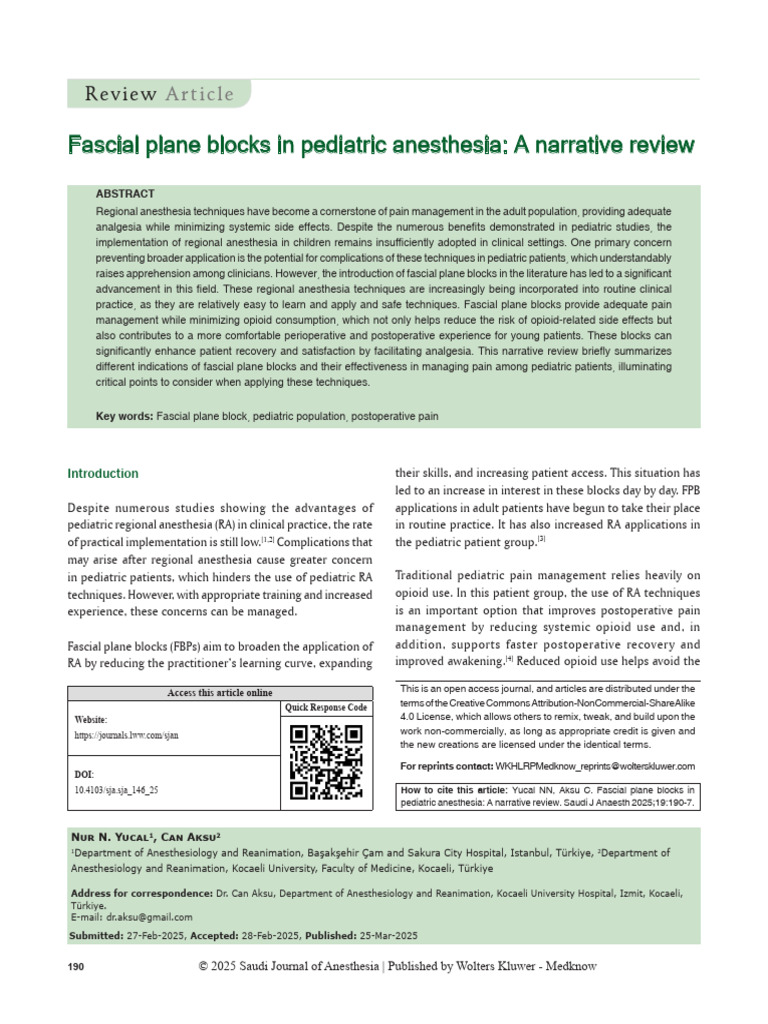 Fascial Plane Blocks in Pediatric Anesthesia | PDF | Abdomen | Pain ...