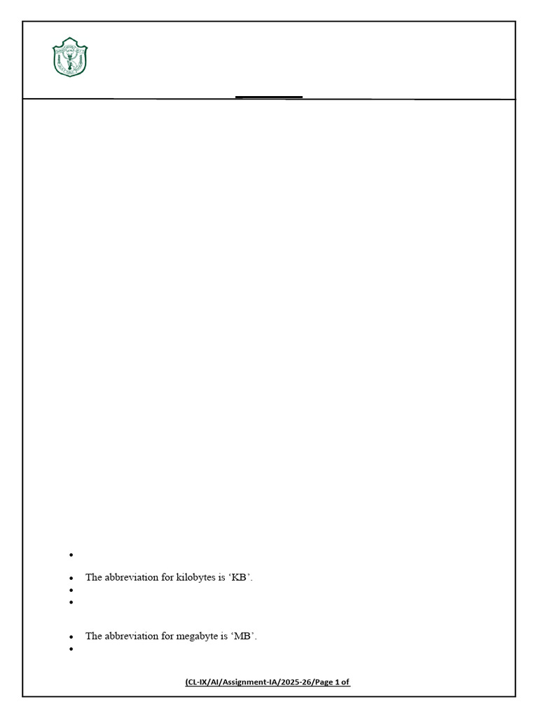 Class 9 CS Assignment 1A 2025-26 | PDF | Computer Data Storage | Byte