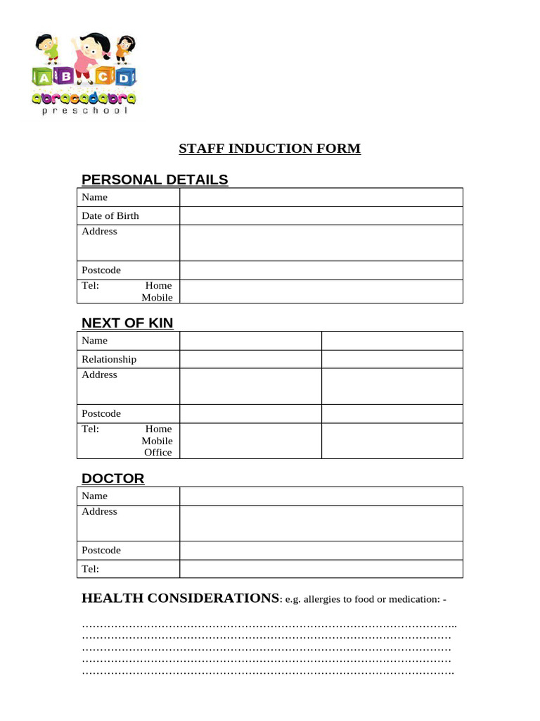 Staff Induction Form | PDF