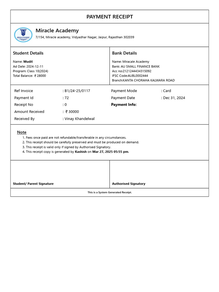 Fee Receipt Mudit | PDF