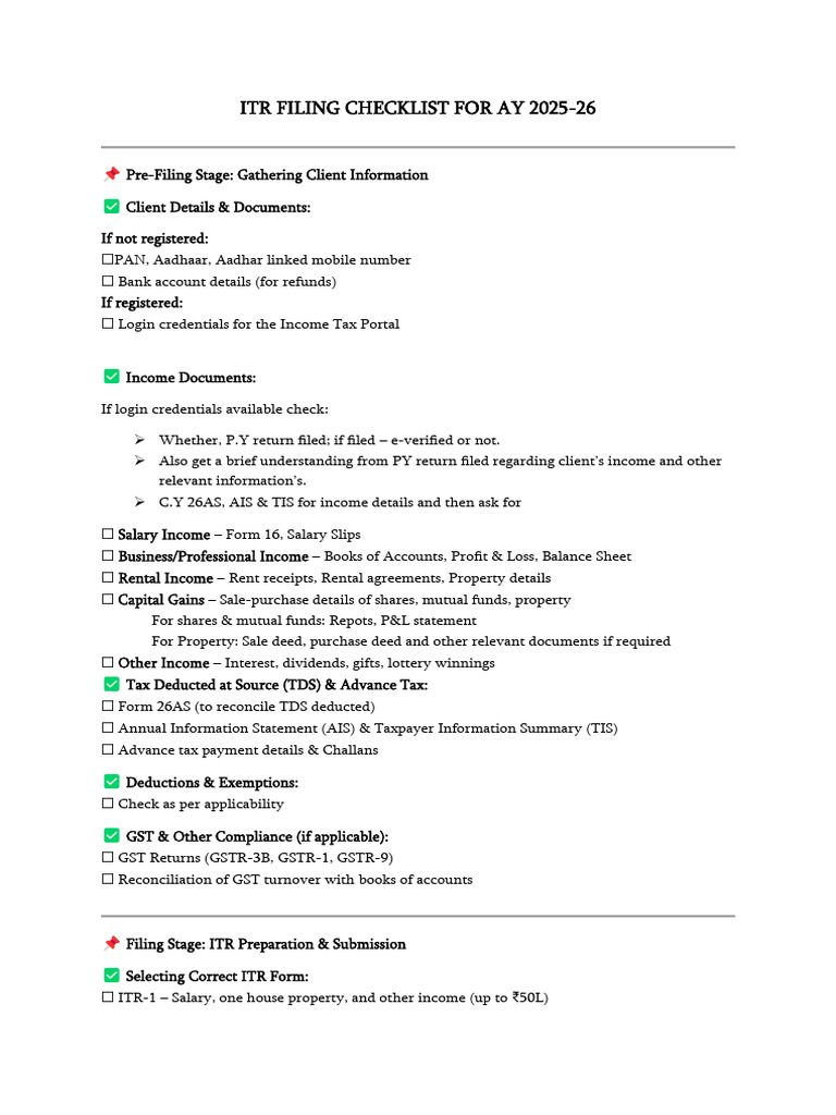 ITR Filing Checklist for AY 2025-26 | PDF | Taxes | Capital Gain