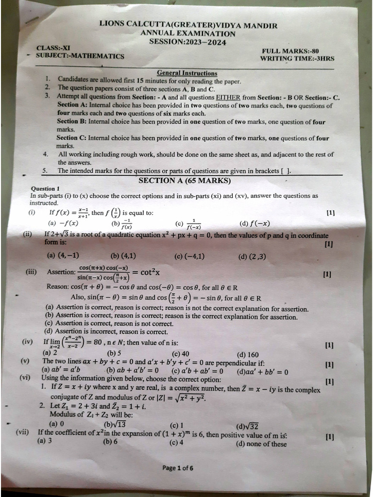 Class 11 Mathematics (Annual), Answerkey With Marking Scheme, 2023 - 24 | PDF