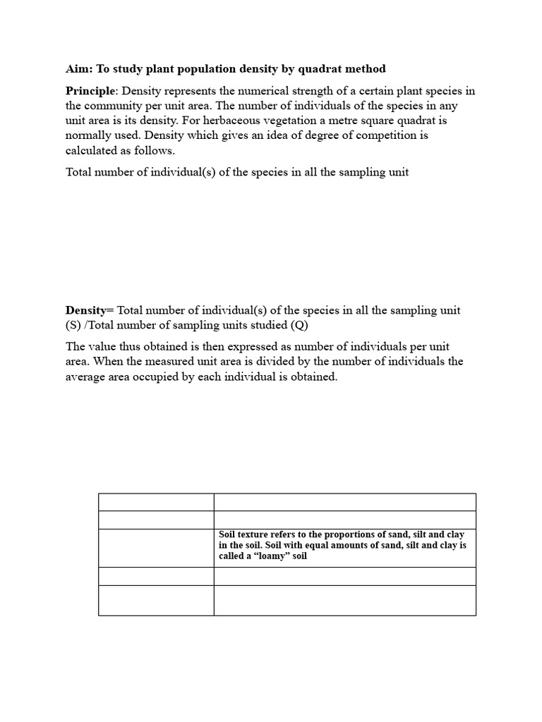 Quadrat Method for Plant Density Study | PDF | Soil | Density