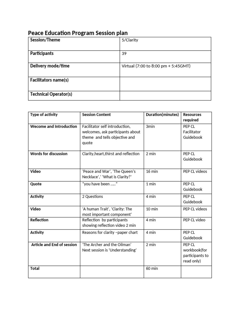 Peace Education Program Session Plan For August 26 Clarity (Pep CL) | PDF