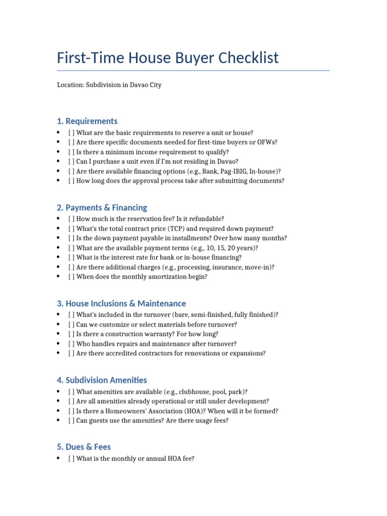 First-Time House Buyer Checklist Davao | PDF